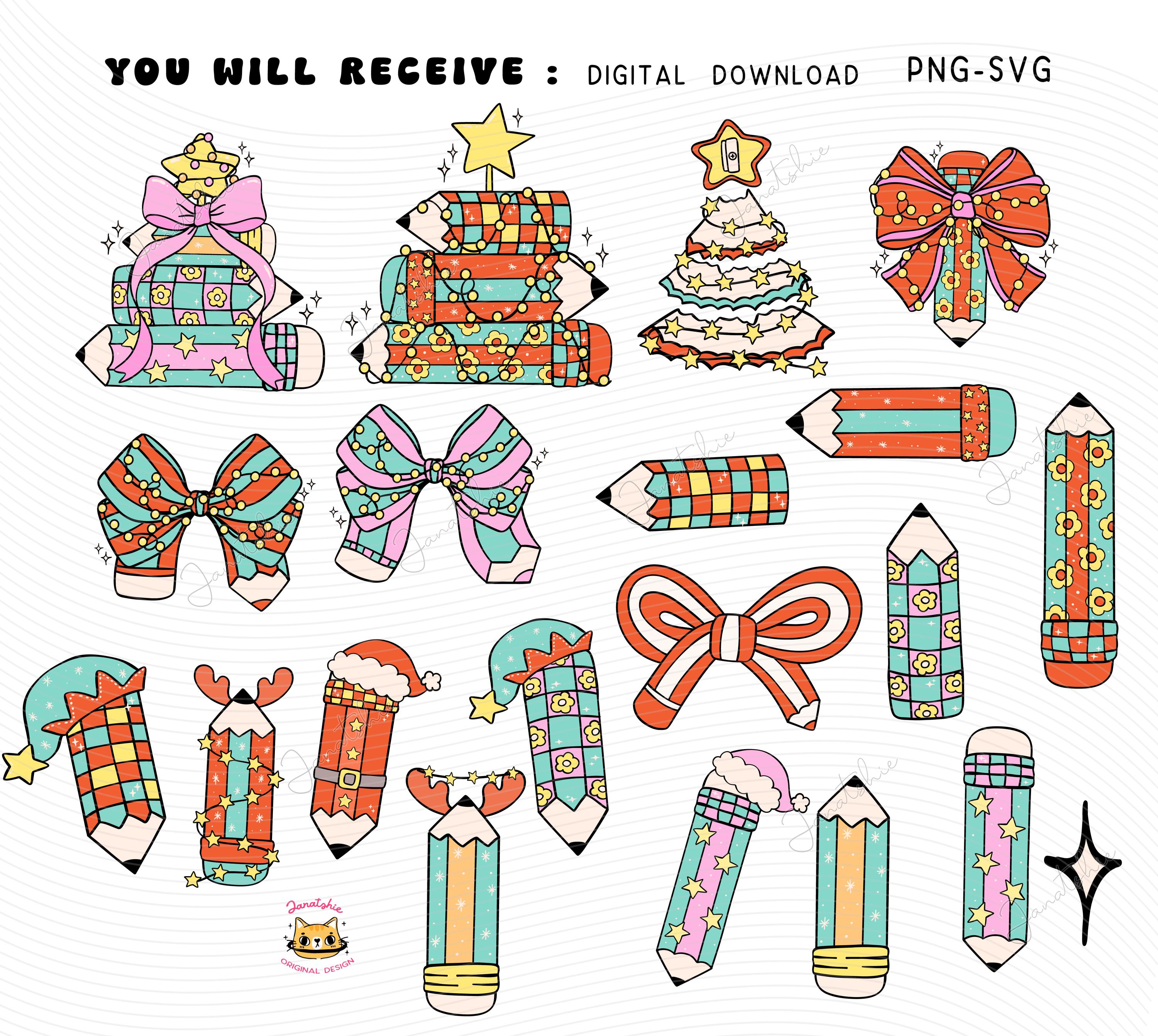 Groovy Christmas School Pencil Clipart: Retro Teacher Design (PNG, EPS ...