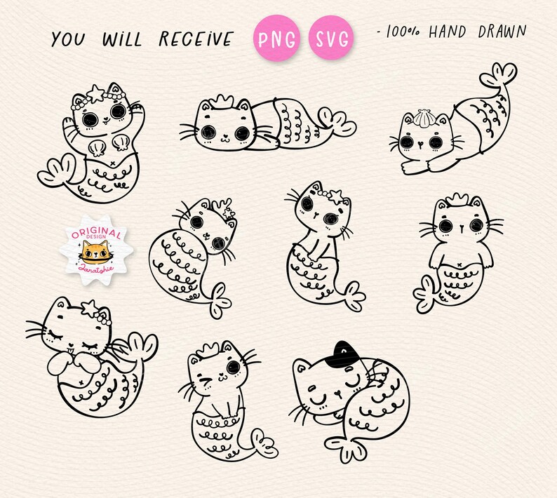 Kawaii Mermaid Cat Outline Clipart: Hand-drawn SVG & PNG - Etsy