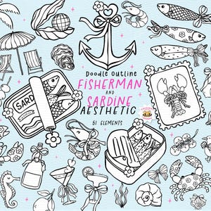 Girly Fisherman Sardines Aesthetic Black & White Outline Hand Drawn ...