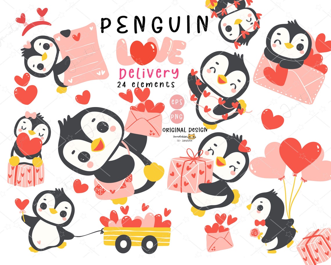 Valentine Penguin Clipart Set, Hand-drawn Love PNG EPS - Etsy