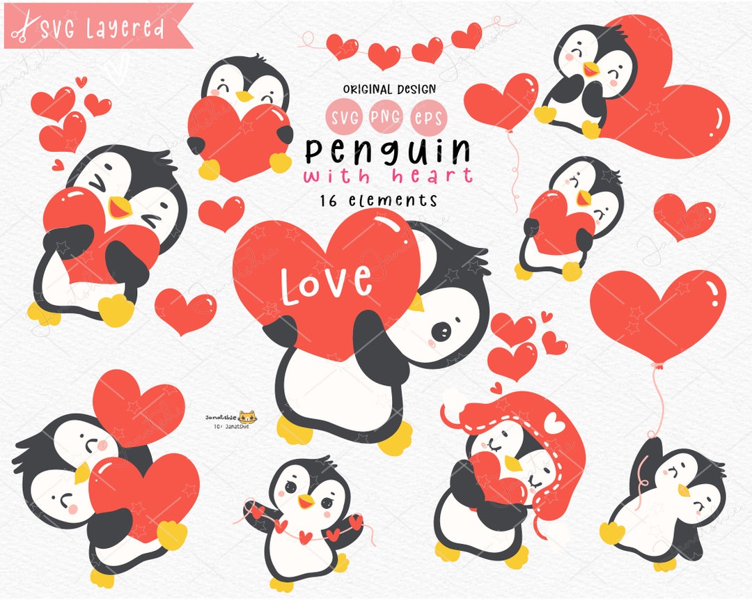 Valentine Penguin Clipart SVG Set, Cartoon Animal PNG, EPS (digital ...