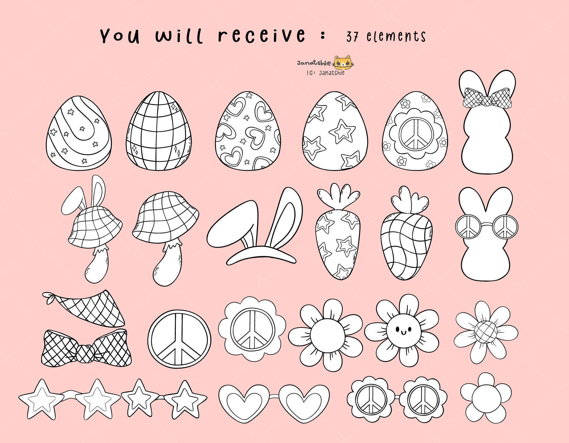 Groovy Easter Digital Stamp Clipart Set, Cute Spring Cartoon Animal ...