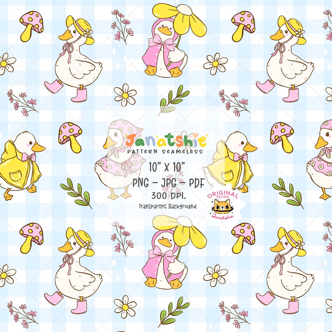 Cottagecore Duck Seamless Pattern: Blue Gingham Fabric, Wrapping Paper ...