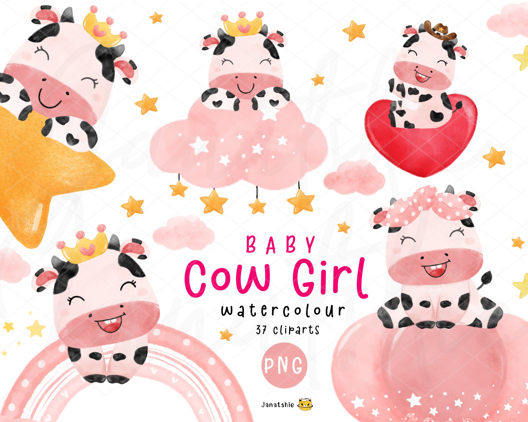 Watercolour Baby Cow Girl Clipart Set Pink Baby Shower - Etsy