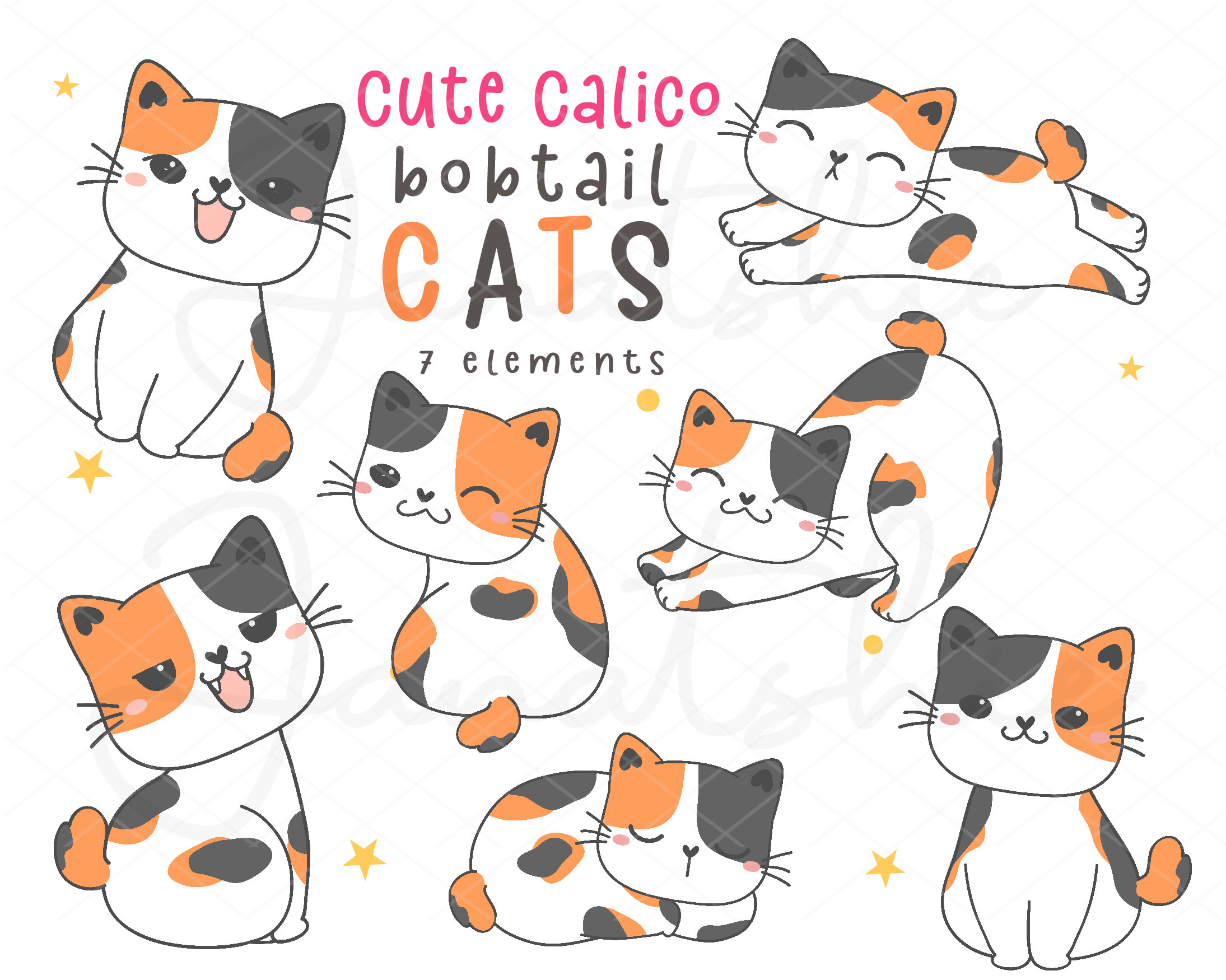 Cat Clipart Set Cute Calico Cat Png Digital Clip Art With Japanese Bobtail Cats Cartoon Hand