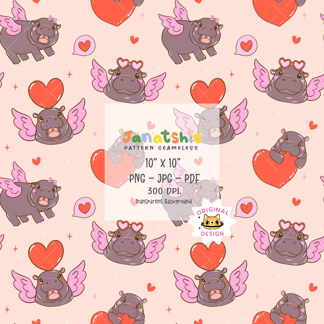 Retro Valentine Pygmy Hippo Seamless Pattern Cupid Bouncy Pygmy Hippo ...