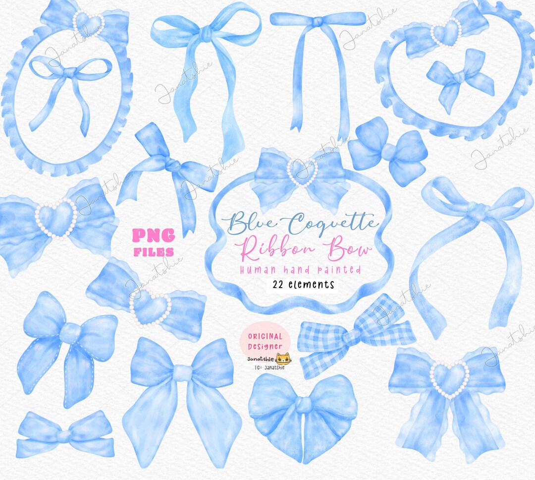Blue Coquette Bow, Blue Bow Ribbon and Frame PNG Clipart Set - Elegant ...