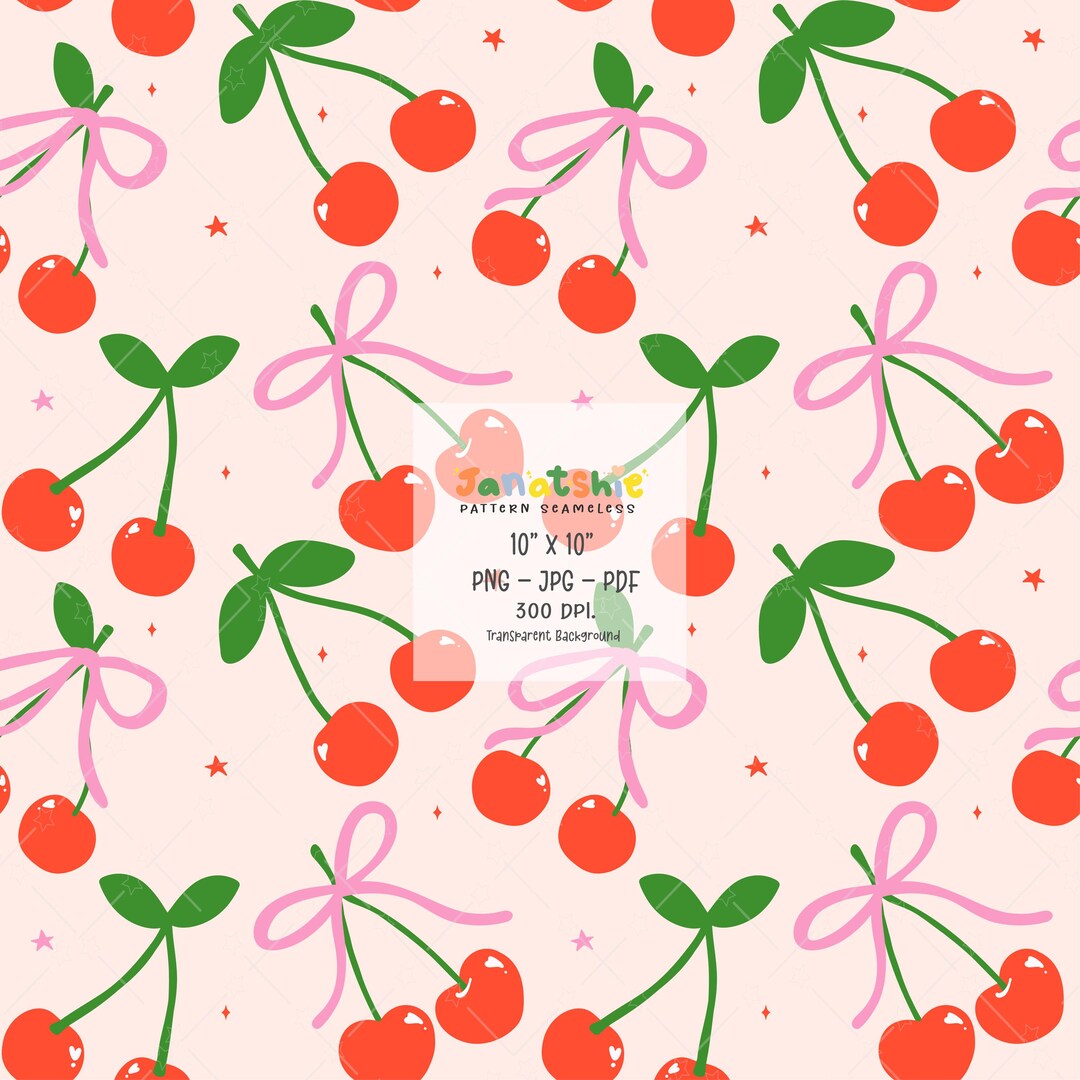 Retro Cherry Seamless Pattern: Coquette Heart Bow Digital Paper (PNG ...