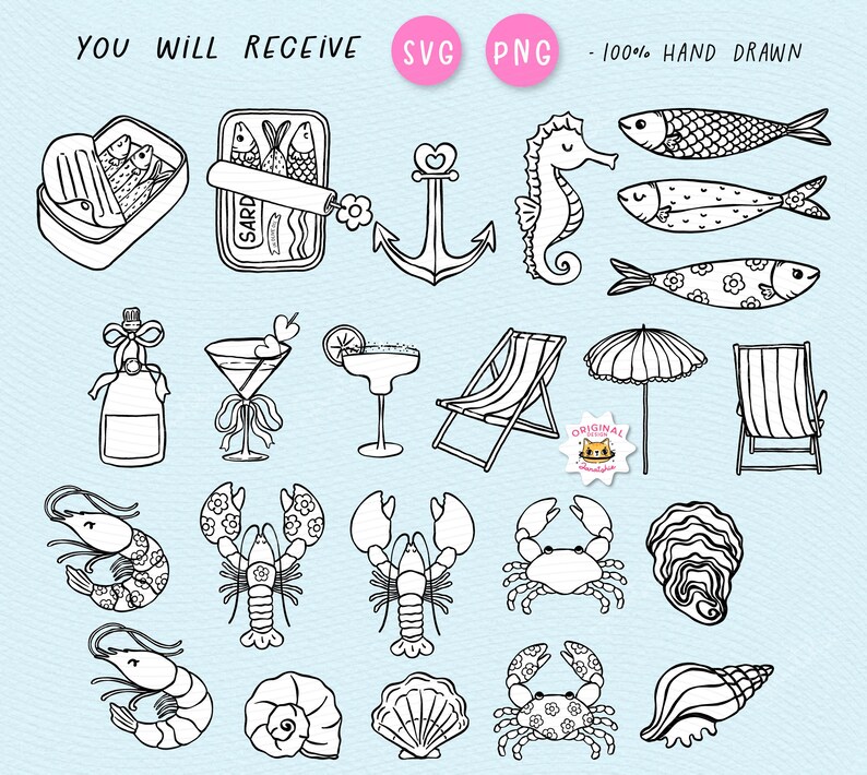 Girly Fisherman Sardine Clipart Set: Black & White Coquette Doodles ...