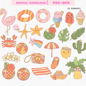 Retro Summer Clipart: Groovy Beach Vacation Graphics (PNG, EPS) - Etsy