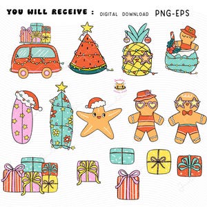 Retro Tropical Summer Christmas Clipart Bundle: Beach Santa, Palm Tree ...