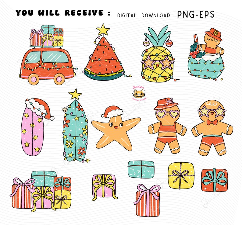 Retro Tropical Summer Christmas Clipart Bundle: Beach Santa, Palm Tree ...