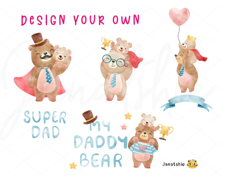 Fathers Day Bear Clipart: Daddy and Baby Watercolor PNG Set - Etsy