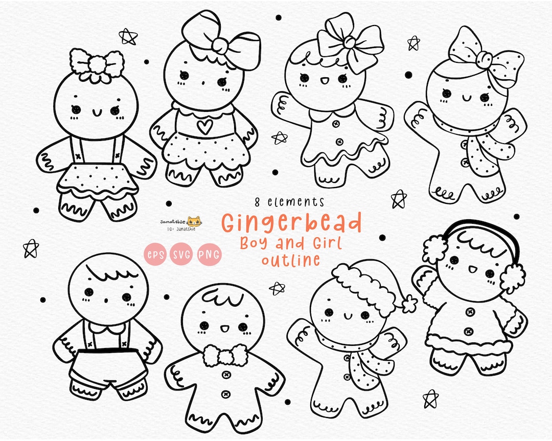 Gingerbread Boy and Girl Outline SVG Clipart Set, Cute Christmas ...