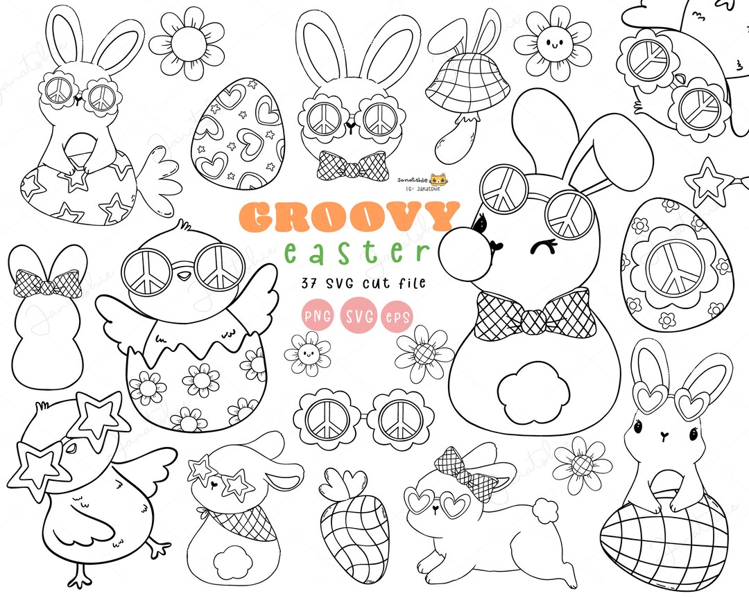 Groovy Easter Outline Svg Cut File Clipart Set, Cute Spring Cartoon ...