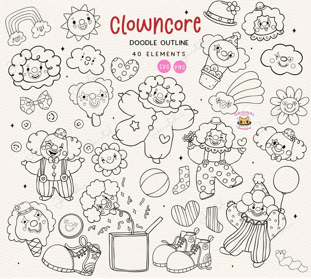 Clowncore Outline SVG, Cute Clown PNG Clipart, Fasching Clipart, Circus ...