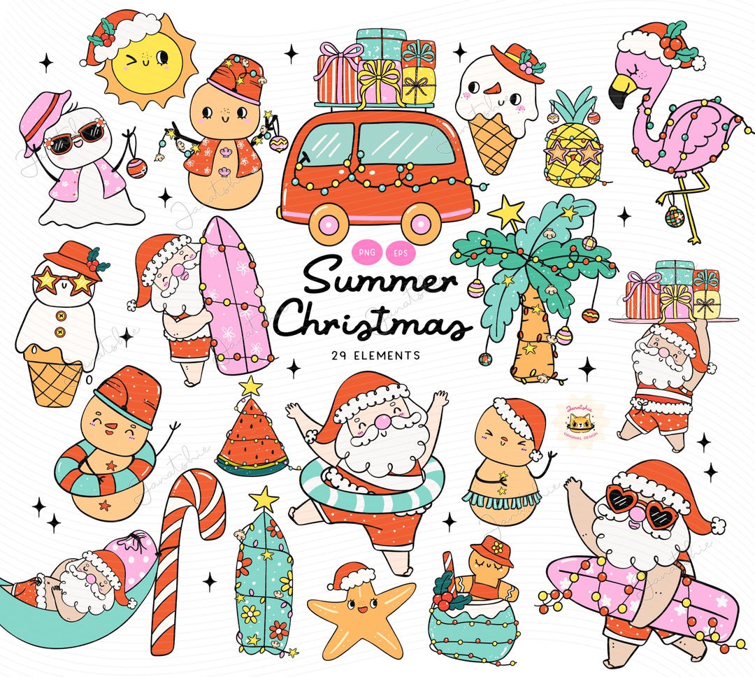 Retro Tropical Summer Christmas Clipart Bundle: Beach Santa, Palm Tree ...