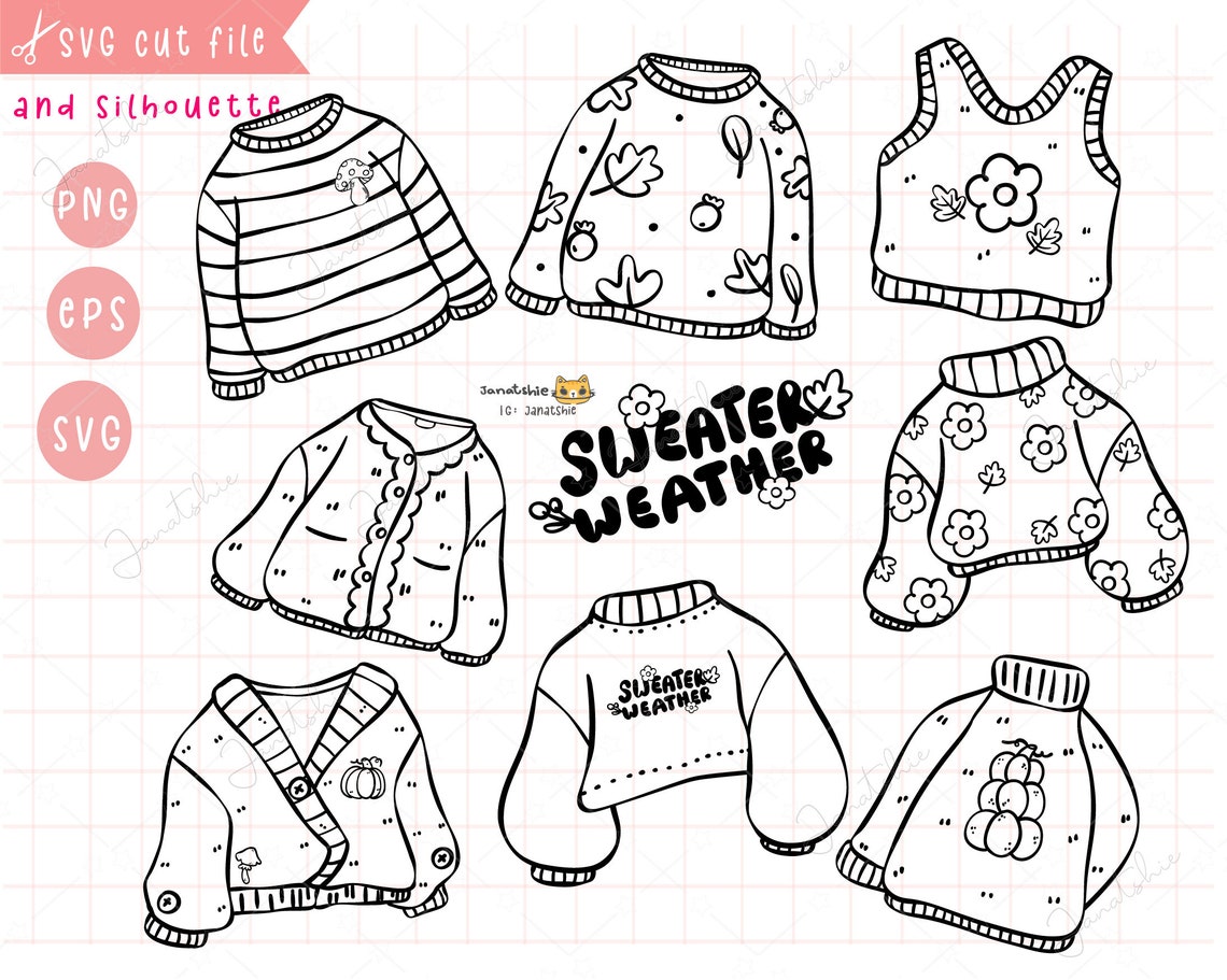 Cute Sweater Weather Autumn Outline SVG Doodle Hand Drawing Clipart Set ...