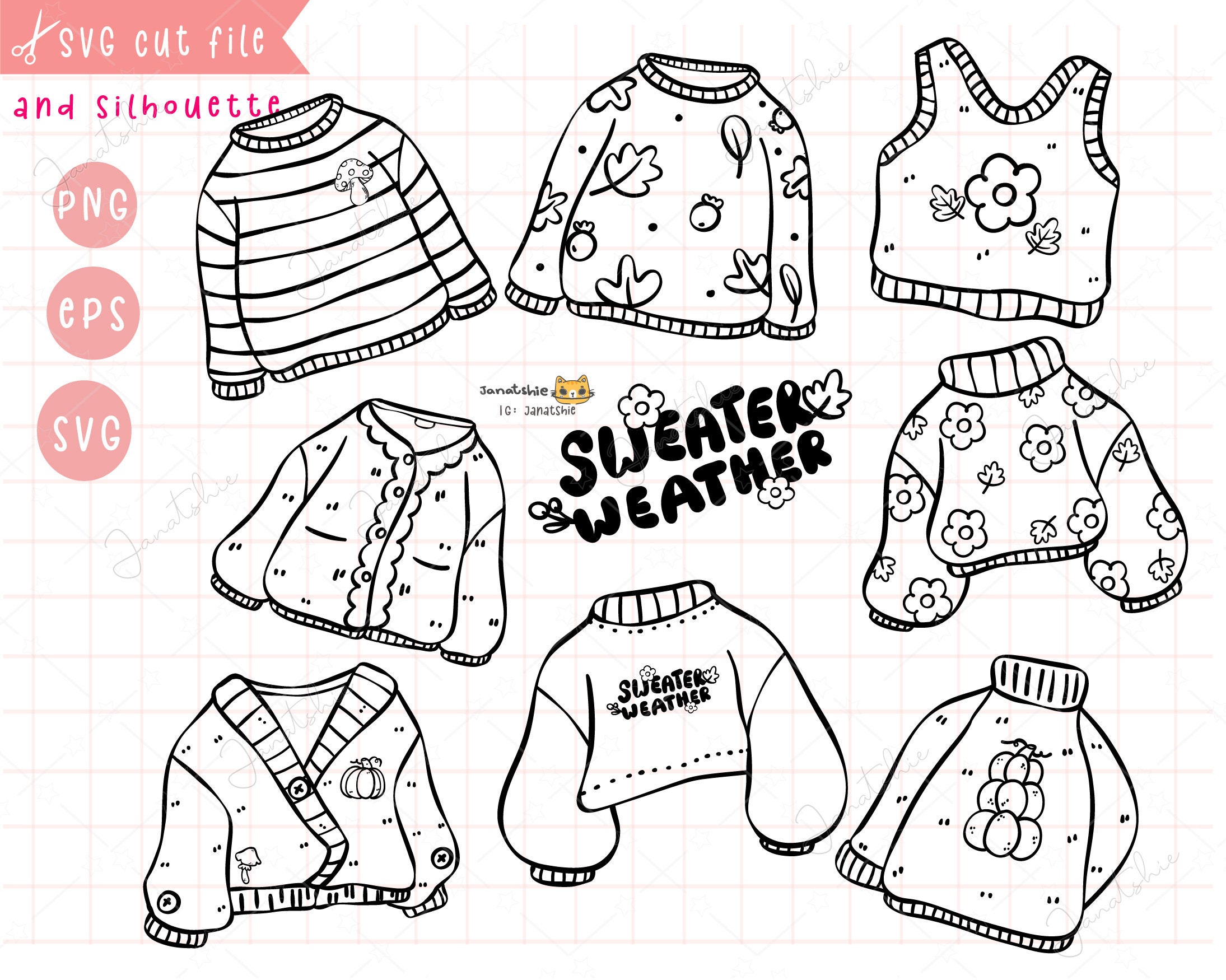 Cute Sweater Weather Autumn Outline SVG Doodle Hand Drawing Clipart Set ...