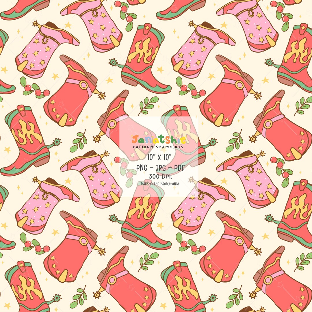 Retro Christmas Cowboy Boots Seamless Pattern | Western Xmas Digital ...