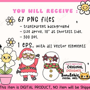 Groovy Retro Christmas Clipart Set: Santa, Reindeer & Doodles (PNG, EPS ...