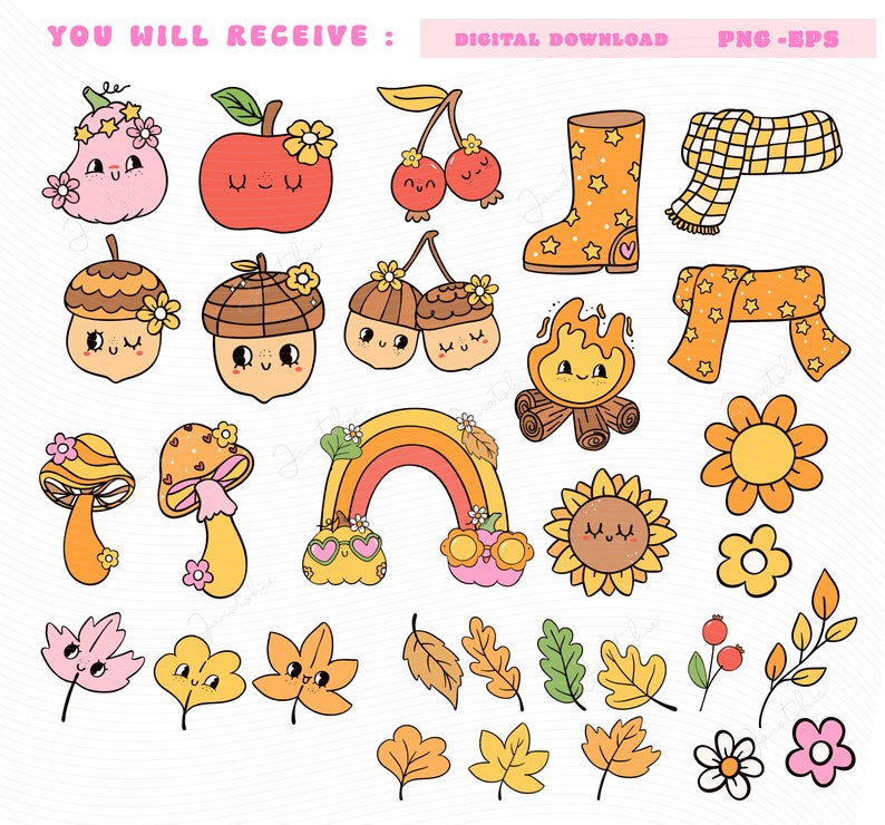 Retro Autumn PNG Clipart: Groovy Pumpkin Spice, Vintage Leaves (digital ...