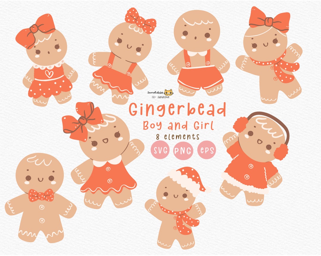 Gingerbread Boy and Girl Clipart Set: Kawaii Cookie SVG, PNG - Etsy