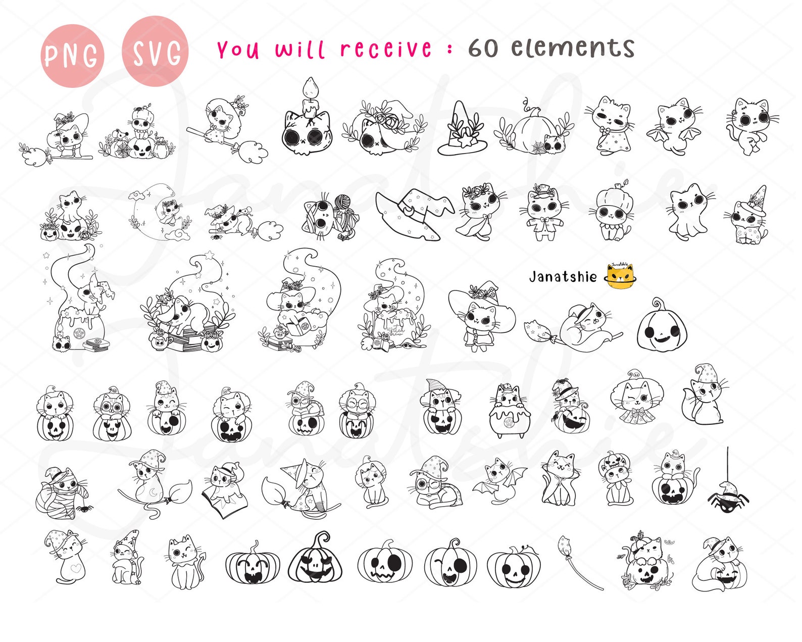 Kawaii Halloween Cat Outline SVG Bundle Witch Cat Coloring - Etsy