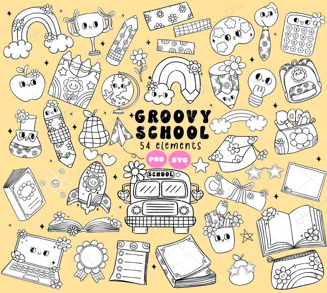Groovy School Clipart: Retro Teacher, School Bus (PNG, SVG) - Etsy