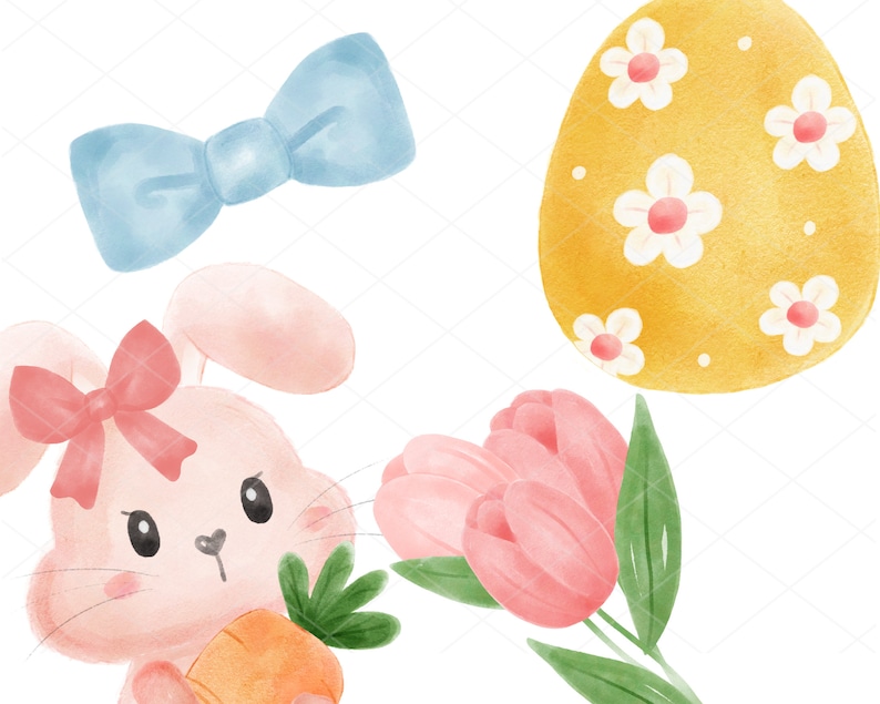 Cute Easter Bunny Watercolor Clipart Set, Cute Baby Pink Rabbit ...