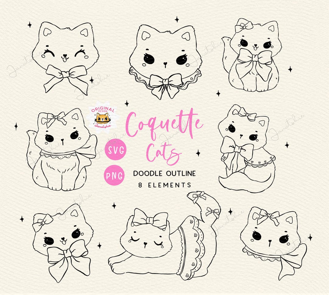 Coquette Cat Outline SVG, Girly Cat With Bow Whimsical Hand Drawn ...