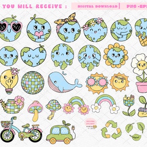Retro Earth Day Clipart Environment Day Png Groovy Eco Planet Lover ...