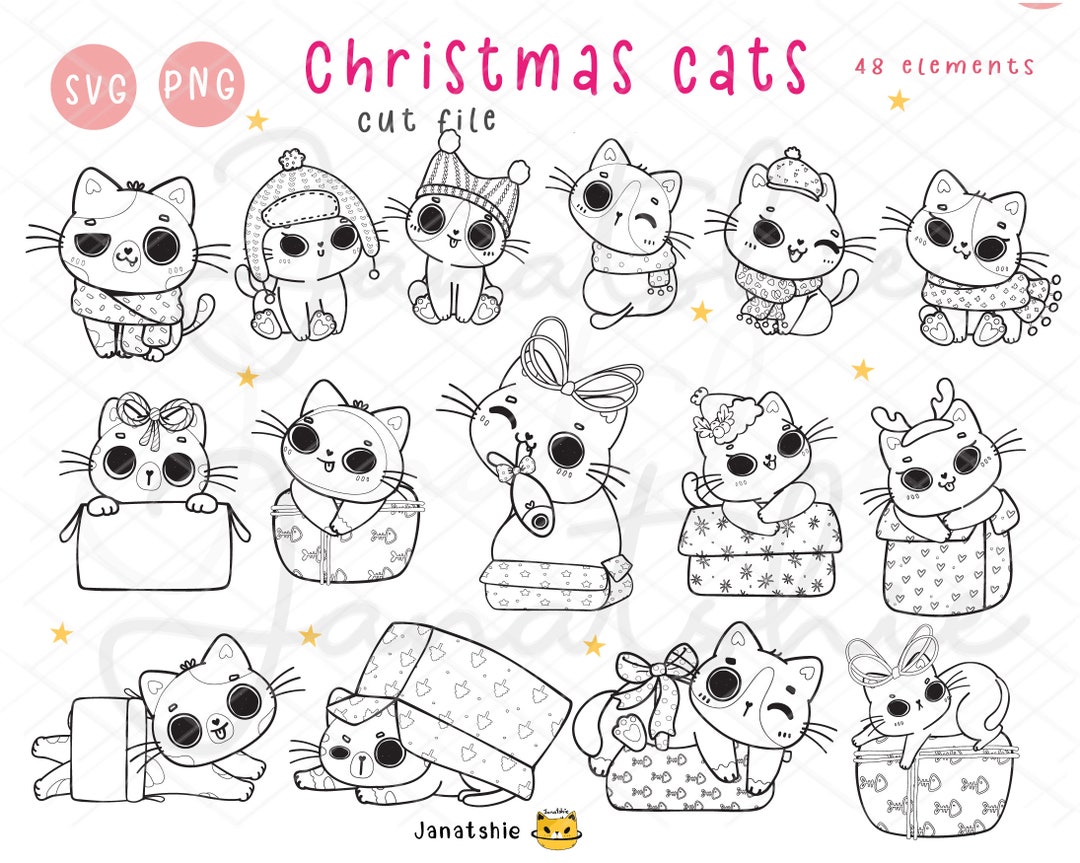 Christmas Cat Line SVG Cut File Set , Kitten Outline Clip Art PNG ...