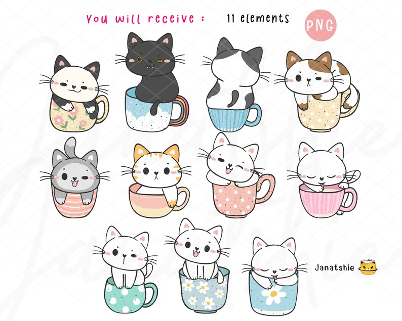 Kitten in Teacup Clipart: Kawaii Cat Doodle PNG Set - Etsy