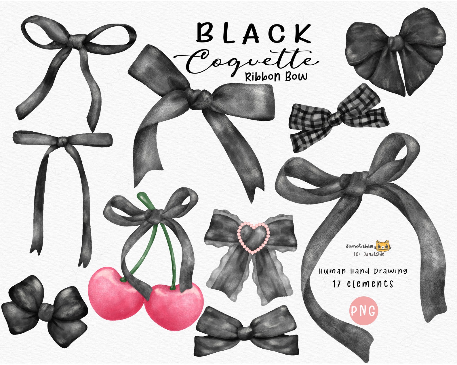 Black Coquette Ribbon Bow Watercolor PNG Set Elegant and Charming ...