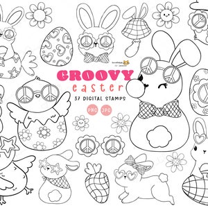 Groovy Easter Digital Stamp Clipart Set, Cute Spring Cartoon Animal ...