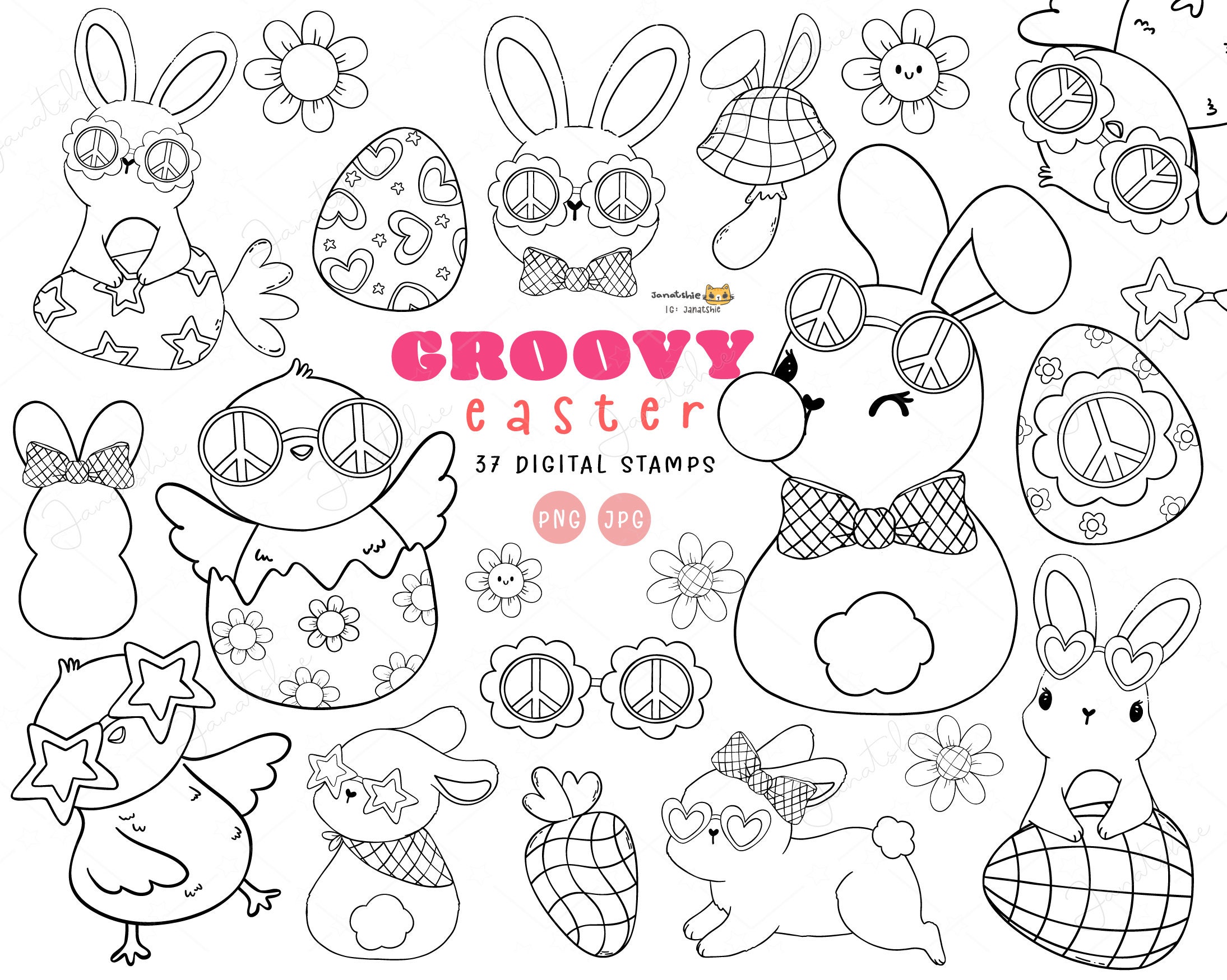 Groovy Easter Digital Stamp Clipart Set, Cute Spring Cartoon Animal ...