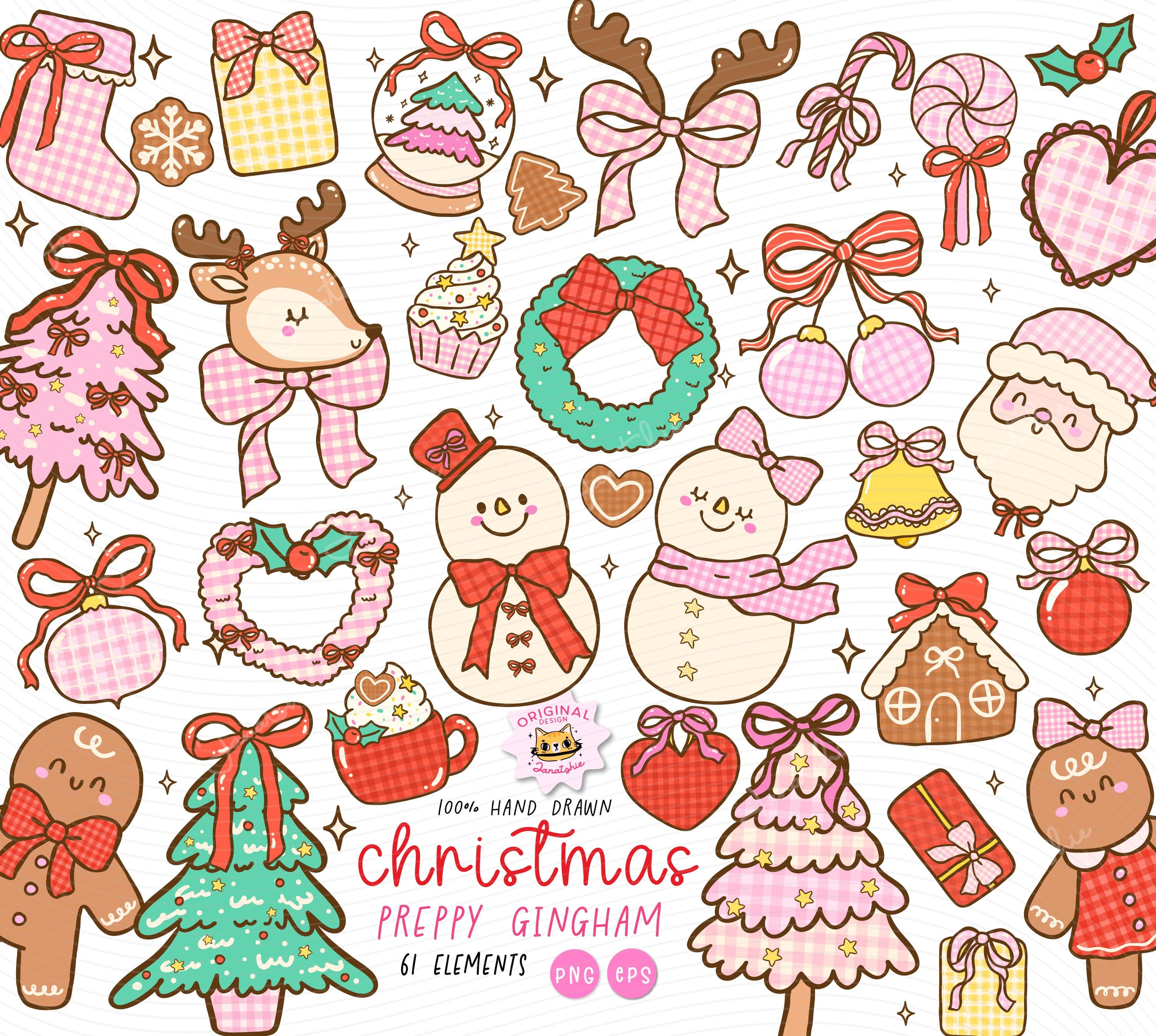 Preppy Coquette Christmas Clipart Set: Vibrant Gingham Bows Xmas ...