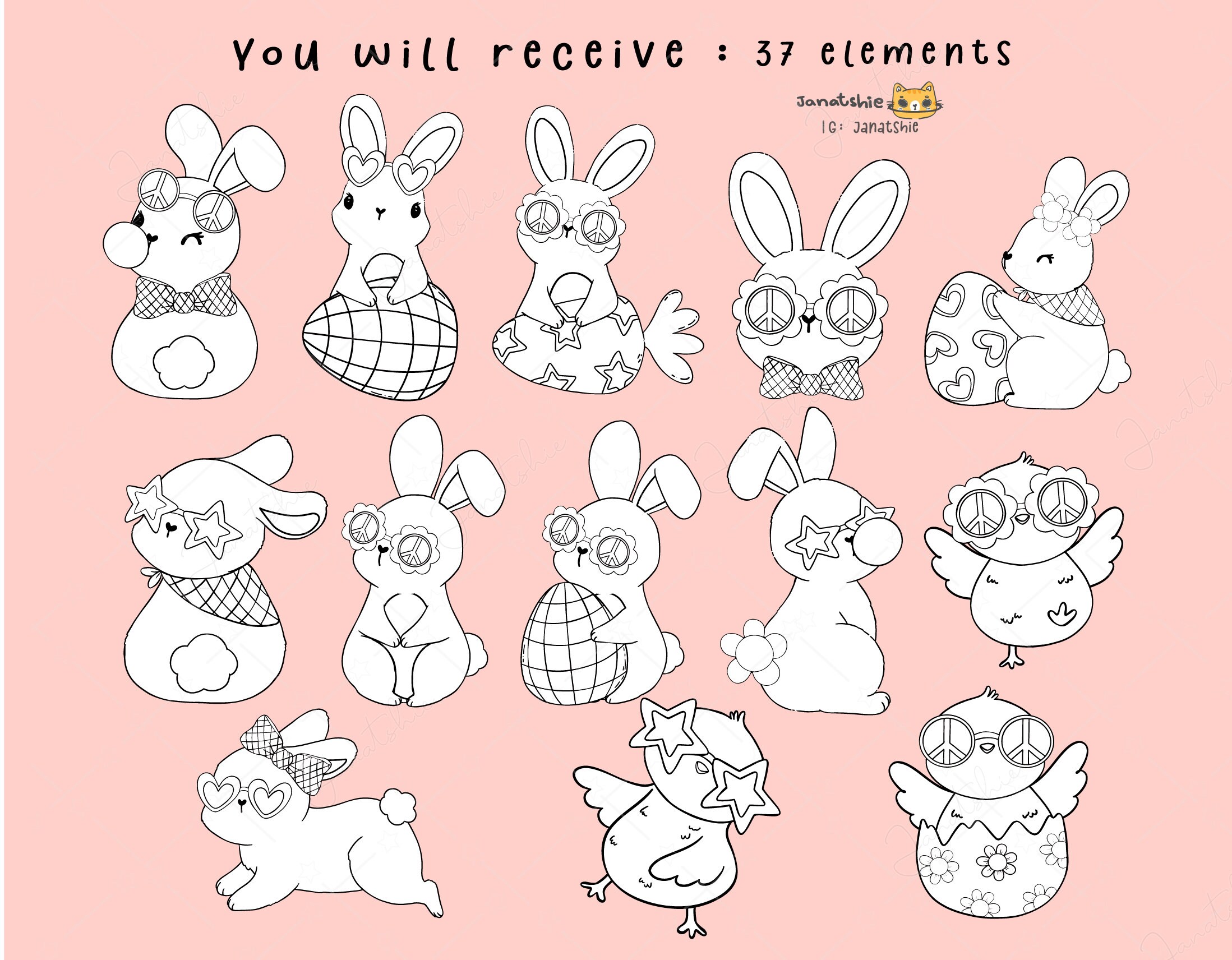 Groovy Easter Digital Stamp Clipart Set, Cute Spring Cartoon Animal ...