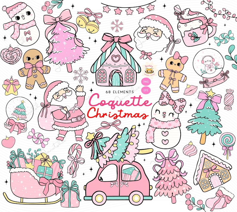Pastel Coquette Christmas Clipart: Retro Girly Pink and Mint Xmas PNG ...