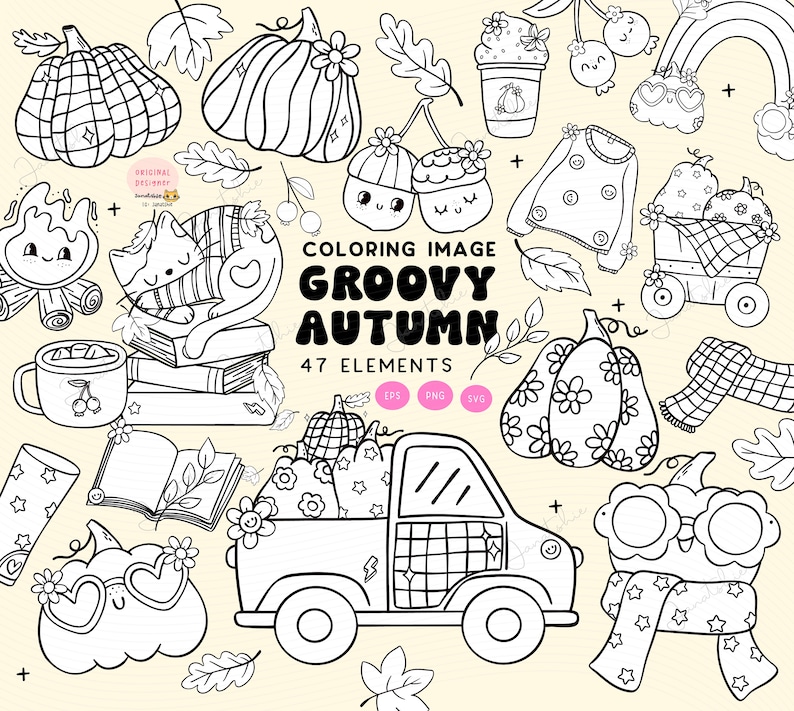 Retro Autumn Digital Stamp Outline Svg Groovy Fall Coloring Images Svg ...