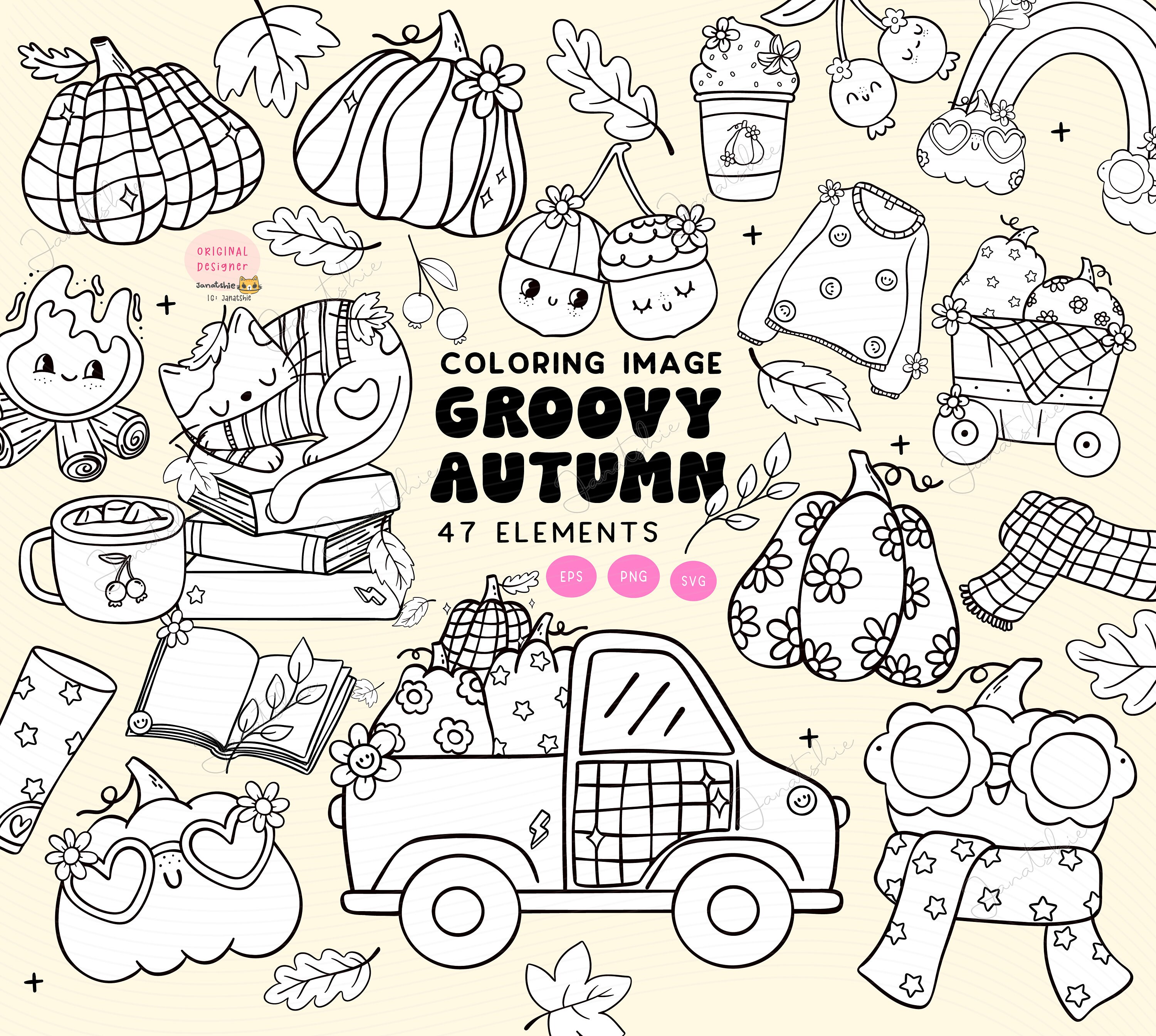Retro Autumn Digital Stamp Outline Svg Groovy Fall Coloring Images Svg ...