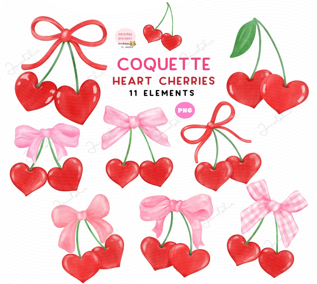 Coquette Heart Cherries Bow Png Retro Preppy Red Cherry With Ribbon ...