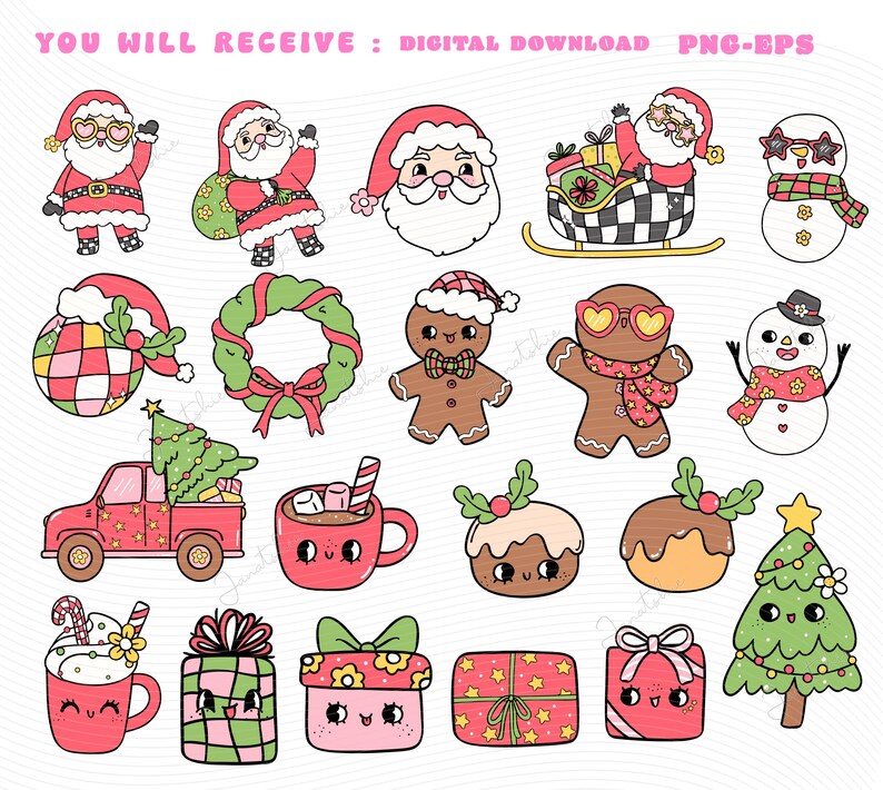Groovy Retro Christmas Clipart Set: Santa, Reindeer & Doodles (PNG, EPS ...
