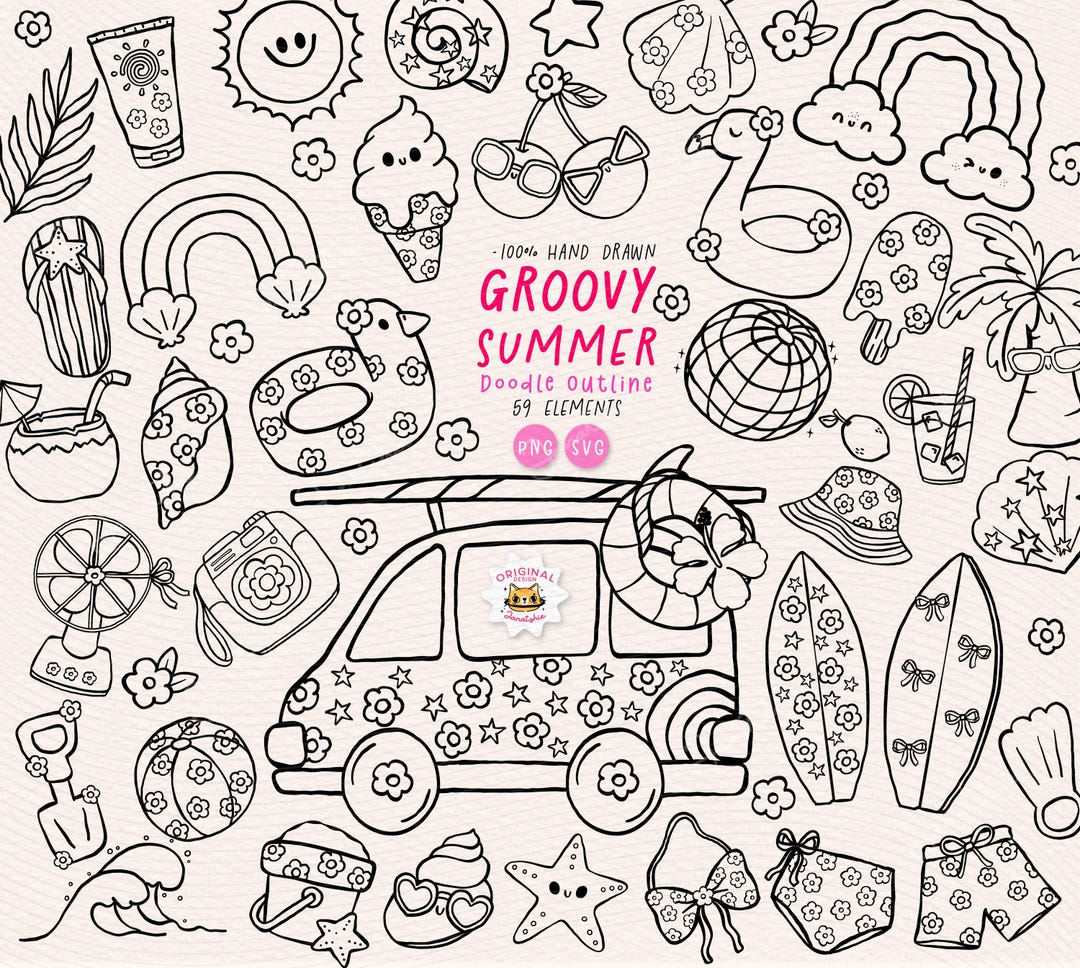 Groovy Retro Summer Vibe Doodle Outline Clipart Bundle SVG PNG – Hippie ...