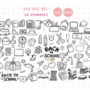 Cute Back to School SVG Bundle Set - Doodle Hand Drawn School Supplies ...