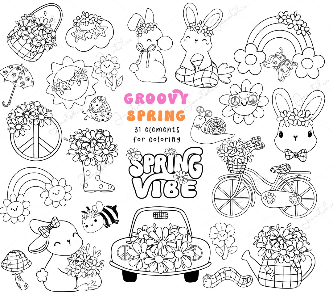 Groovy Spring Digital Stamp Retro Spring Coloring Doodle Outline Hippie ...