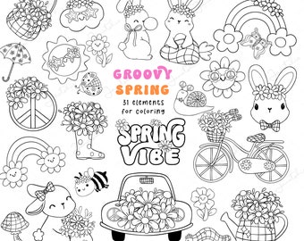 Groovy Spring Digital Stamp Doodle Outline Coloring Retro Spring ...