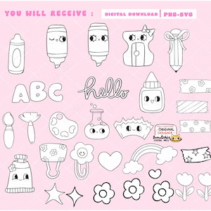 School Supplies Clipart Digital Stamp Png Set Retro Back to School ...