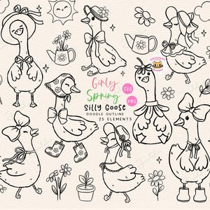 Vintage Silly Goose Outline SVG Cottagecore Goose Clipart Playful ...